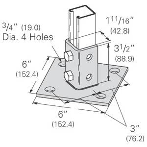 B-Line B280ZN Type U Square Post Base, 1 Channel, 45 deg Centered ...