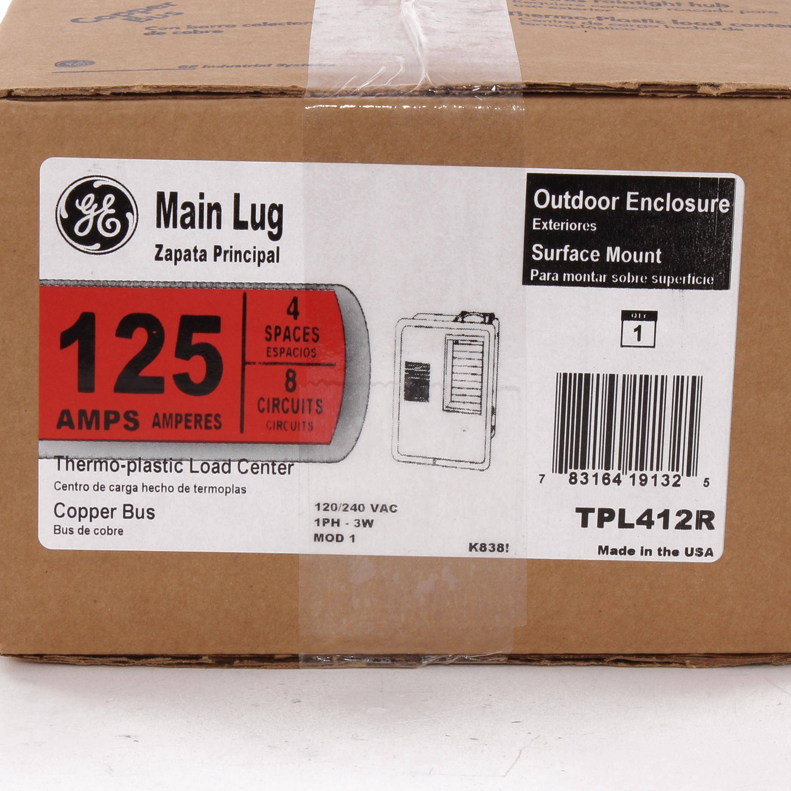 GE PowerMark Gold™ TPL412R 1-Phase Standard Main Lug Load Center, 120/240 VAC, 125 A, 1 Pole, 10 ...