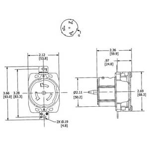 EATON CS6369 Single Locking Receptacle, 125/250 VAC, 50 A, 3 Poles, 4 ...
