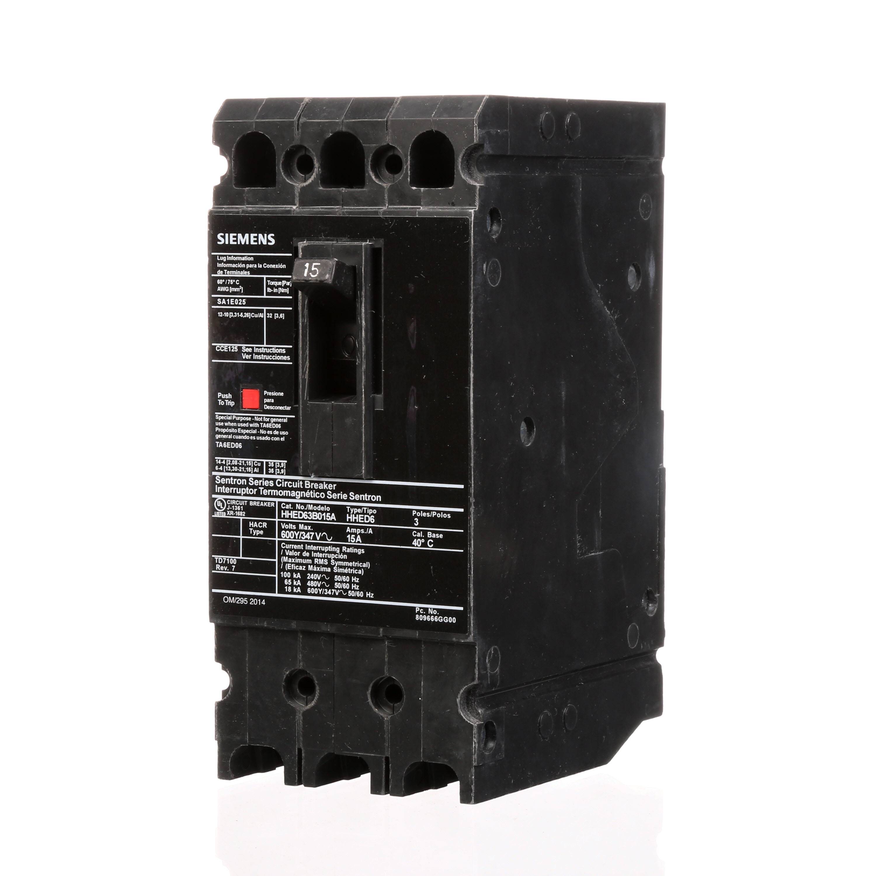 Siemens HHED63B015AL Low Voltage Molded Case Circuit Breaker With Lugs ...