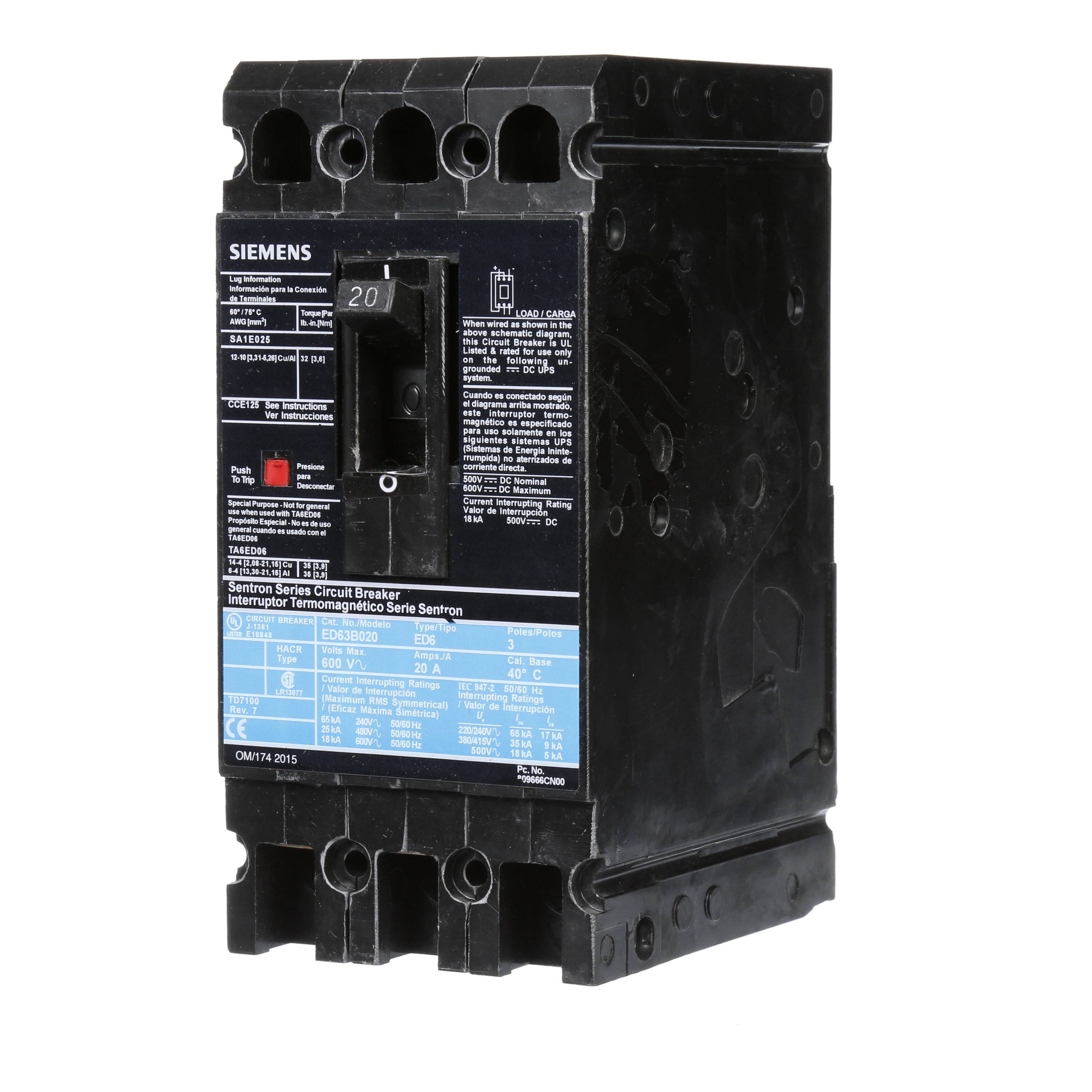 Siemens Sentron™ ED63B020 Type ED6 Low Voltage Molded Case Circuit ...