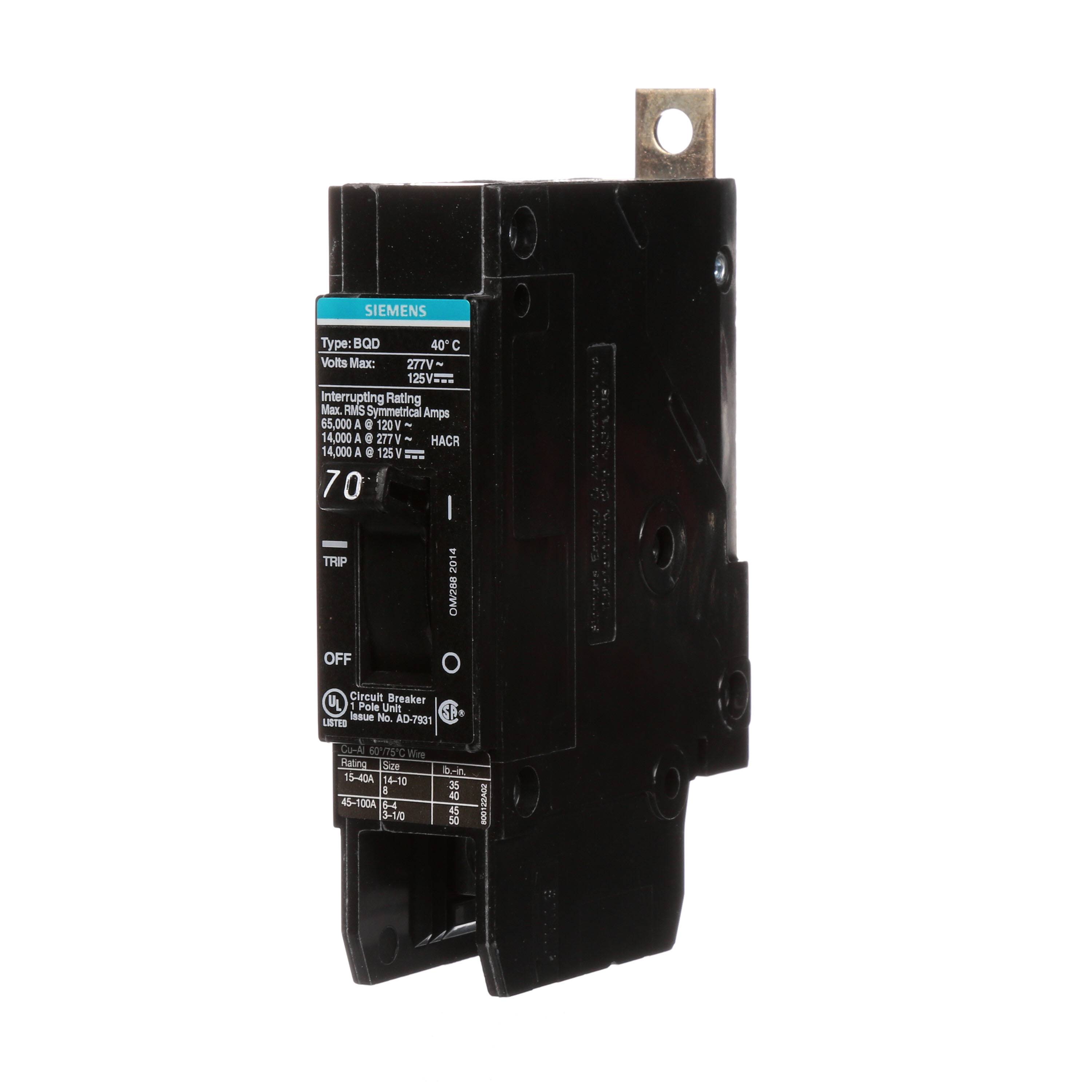 Siemens BQD170 Type BQD Molded Case Circuit Breaker, 277 VAC, 70 A, 14 ...