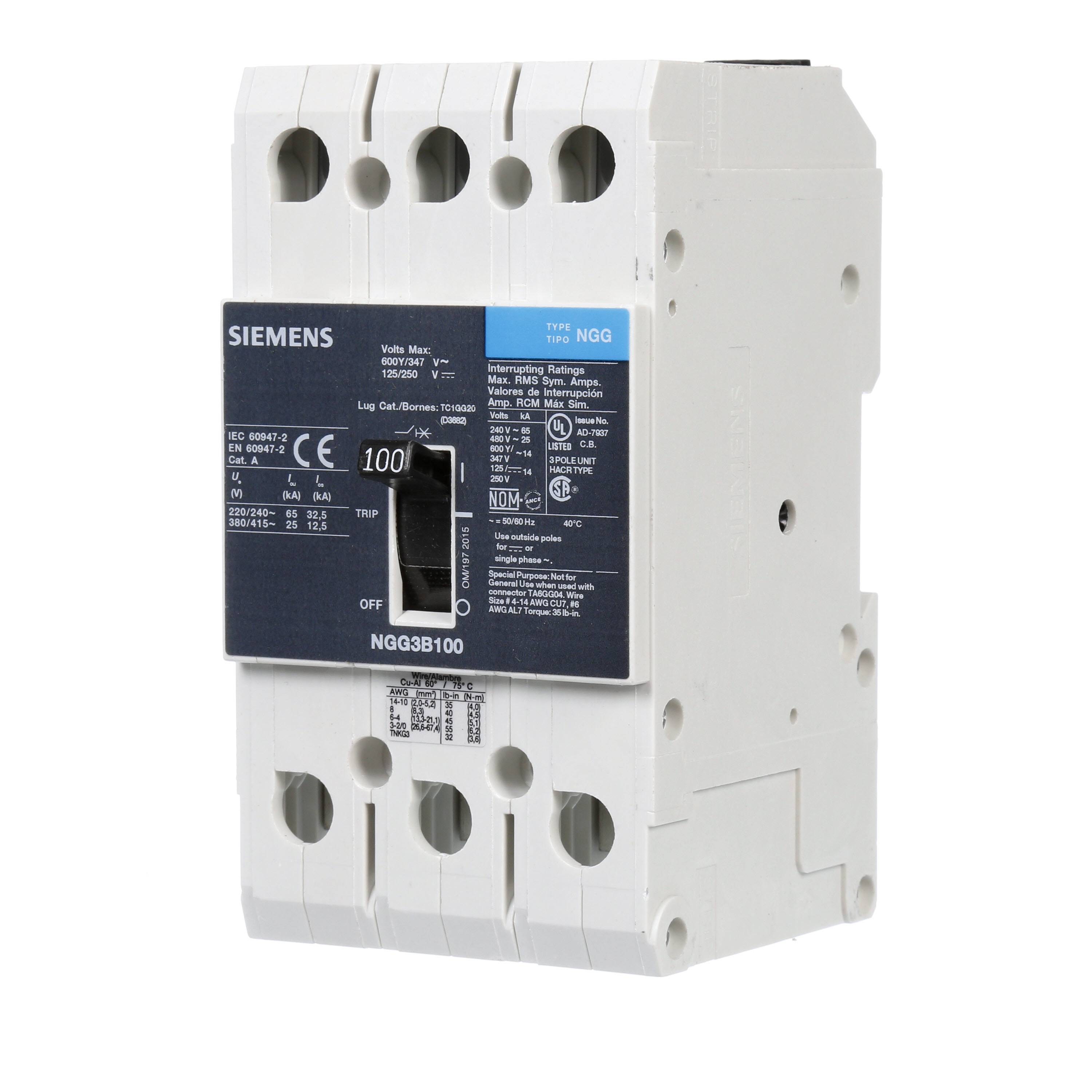 Siemens NGG3B100L Type NGG Low Voltage Molded Case Circuit Breaker, 480 ...